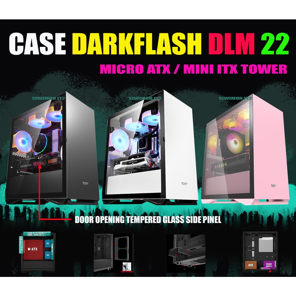 Case DarkFlash DLM22 BLACK & WHITE Micro ATX with Door Opening Tempered ...