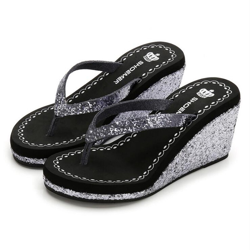 Summer Bottom Platform Women Shoes Beach Sandals Sequin Slope With ...