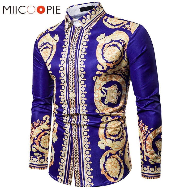 Luxury Floral Shirt Men Royal Crown Print Mens Shirts Casual Slim Fit ...