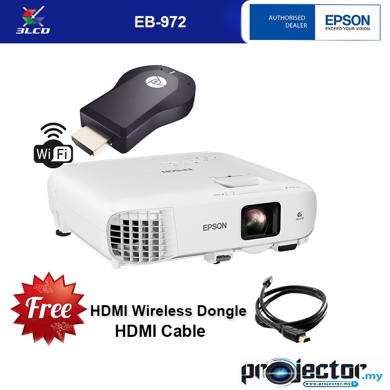 Epson EB-972 XGA 4100 lm 3LCD Projector With Free HDMI Cable and HDMI ...