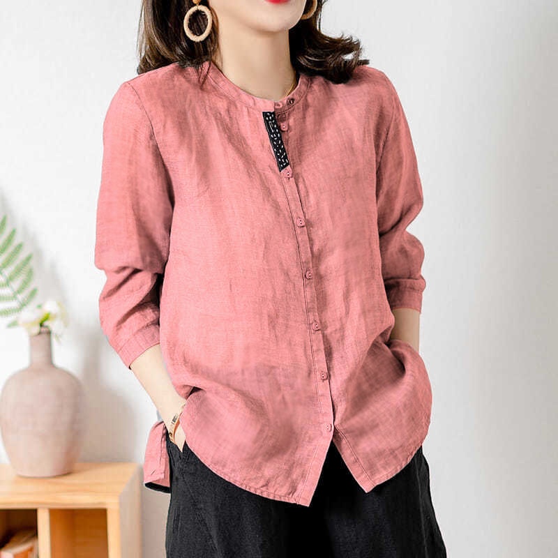 JS women blouse Retro imitation cotton linen 2021 summer new round ...