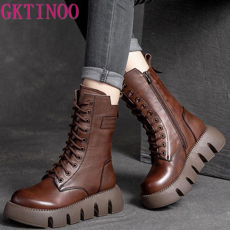 GKTINOO 2022 Vintage Style Genuine Leather Women Boots Flat Booties ...