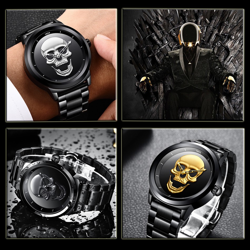 LIGE Cool Skeleton Skull Watch Men Full Stainless Steel Waterproof ...