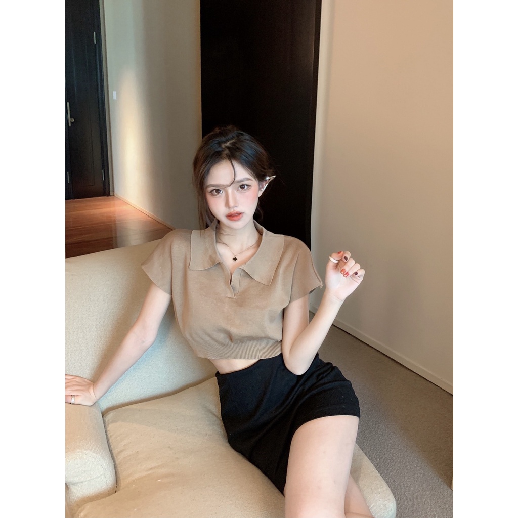 Honey เสื้อครอปไหมพรม แขนกุดคอปกหน้าวี (K282) - honey.closet - ThaiPick