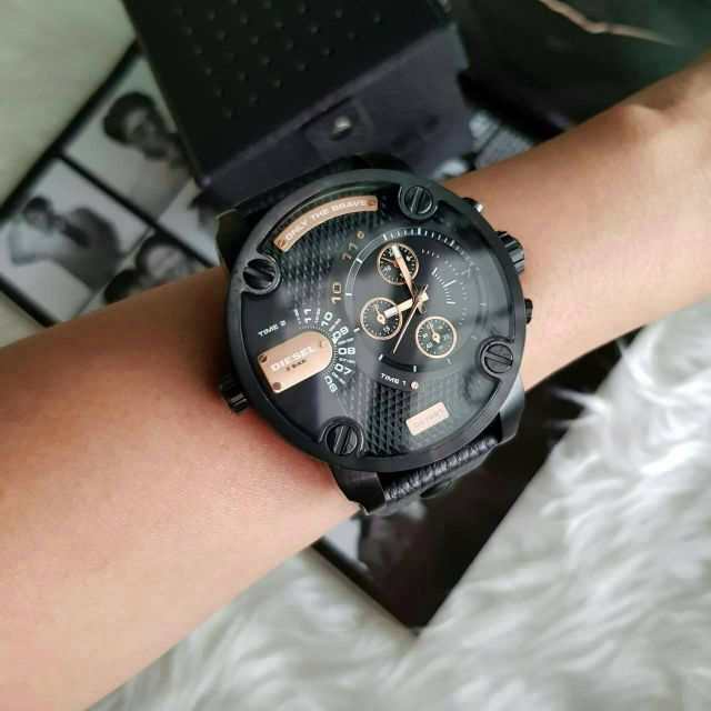 DIESEL Little Daddy Dual Time Chronograph Black Dial Leather Men's ...