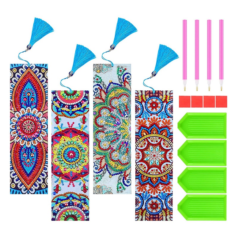 4 Pcs 5D Diamond Bookmark DIY Painting Bookmark Leather Tassel Bookmark ...