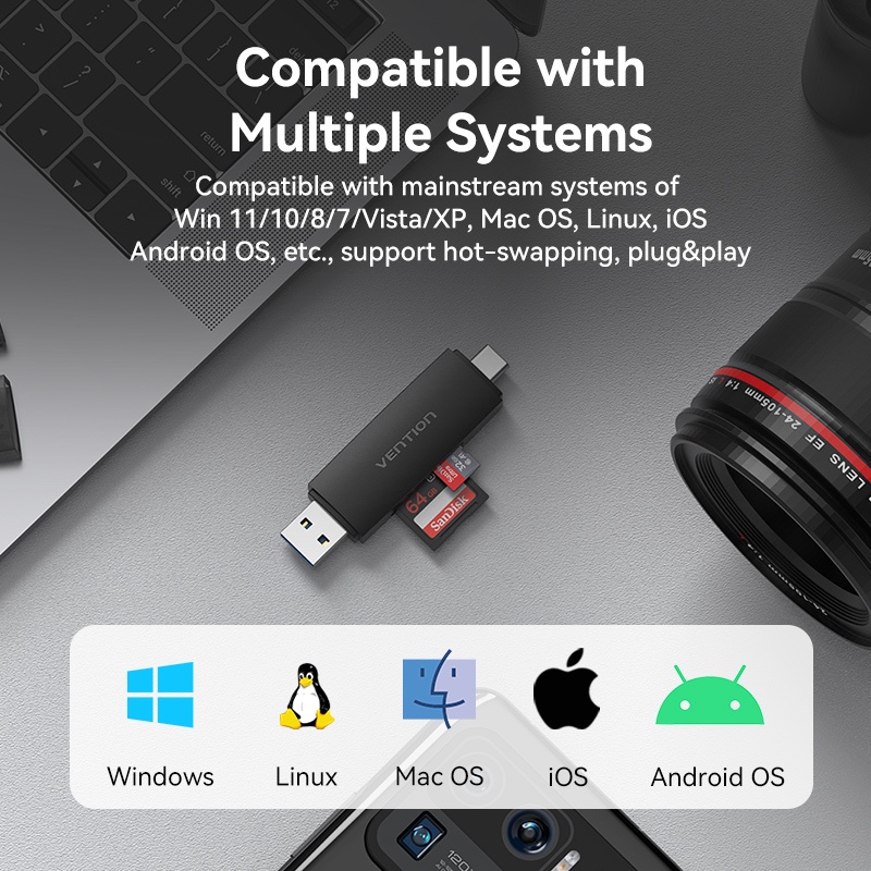 VENTION เครื่องอ่านการ์ดรีดเดอร์ USB 3.0 Type C 512GB 2 in 1 SD Card ...