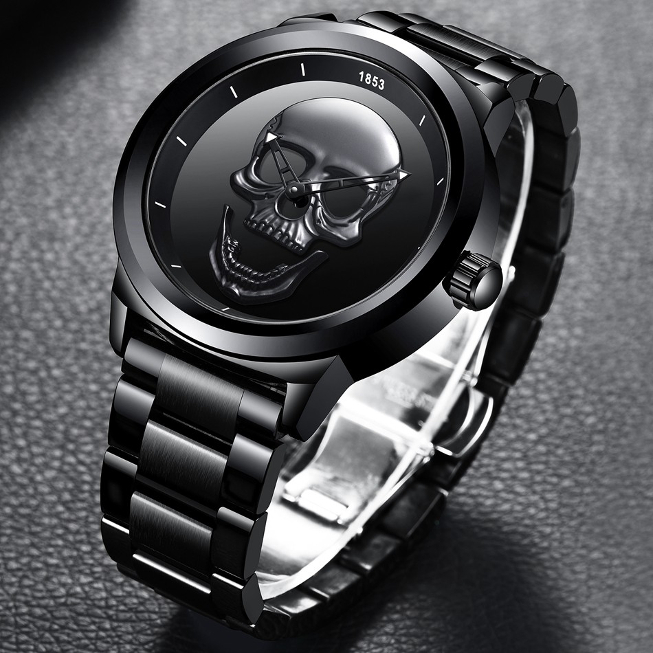 LIGE Cool Skeleton Skull Watch Men Full Stainless Steel Waterproof ...