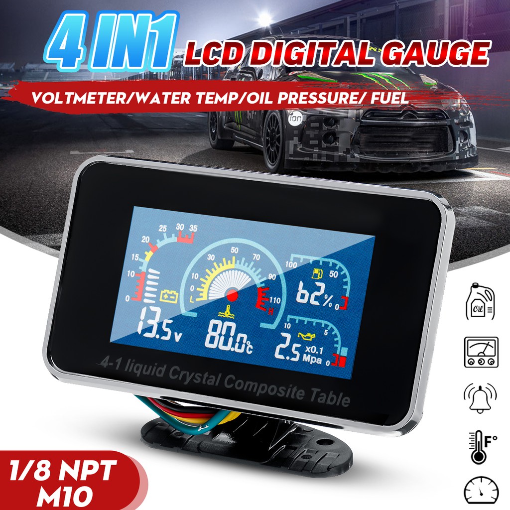 Automotive 4 In1 LCD Car Digital Alarm Gauge Voltmeter Oil Pressure ...
