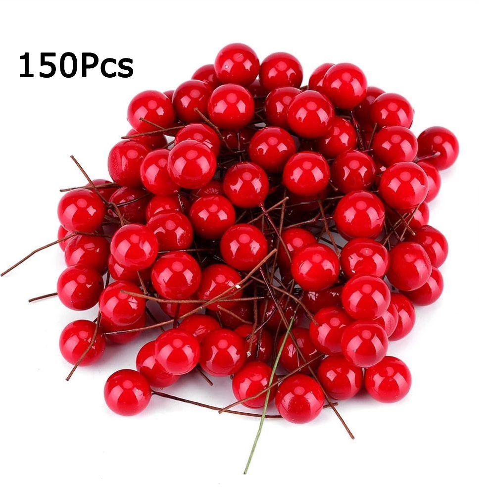150 PCS Christmas Decor Plastic Artificial Mini Red Gold Silver Cherry ...