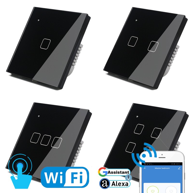 WIFI Touch Light Wall Switch Black Glass Panel Blue LED Smart Home ...