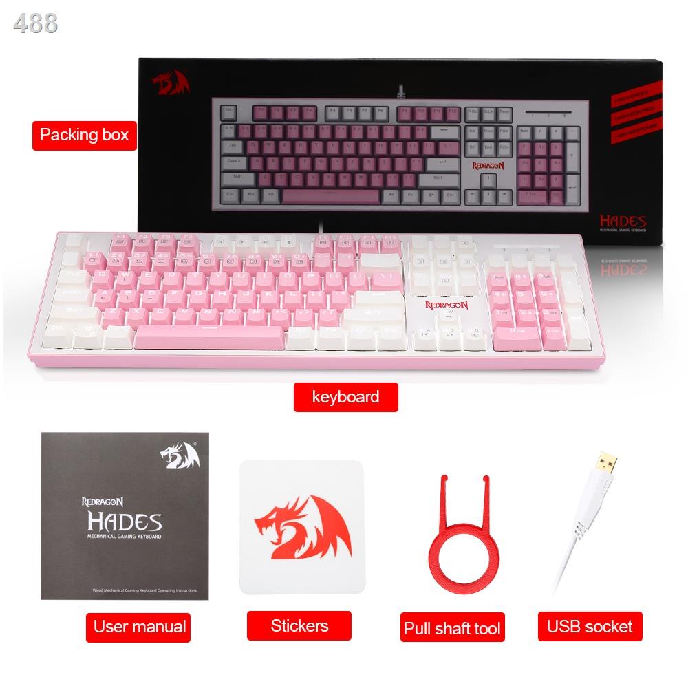 Redragon HADES K623 USB คีย์บอร์ดเล่นเกมสีชมพูสีขาวมีไฟ Led Backlit 104 คีย์สําหรับคอมพิวเตอร์ ...