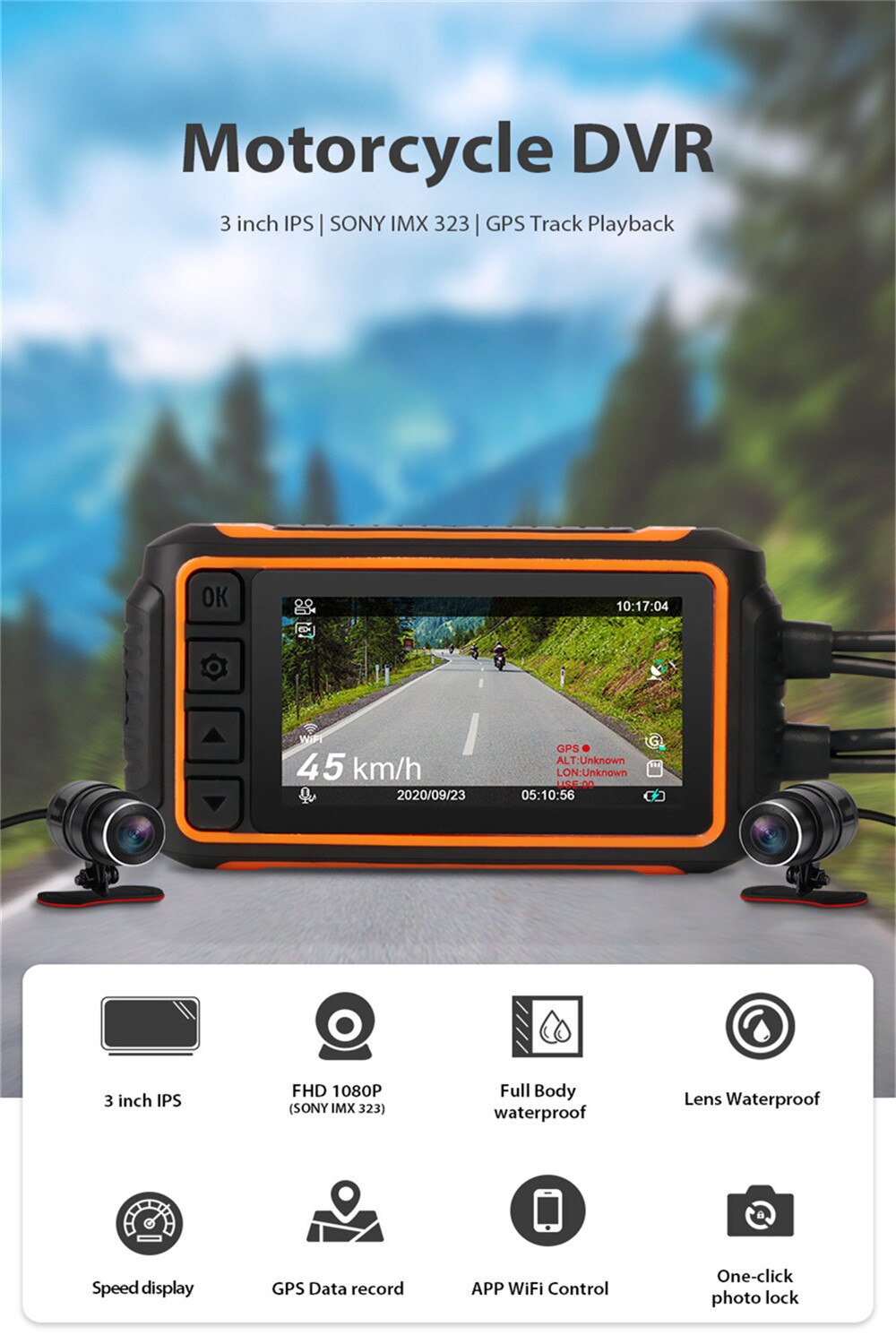 3 inch Dash Cam Motorcycle DVR WiFi GPS Full Body Waterproof Tracker ...