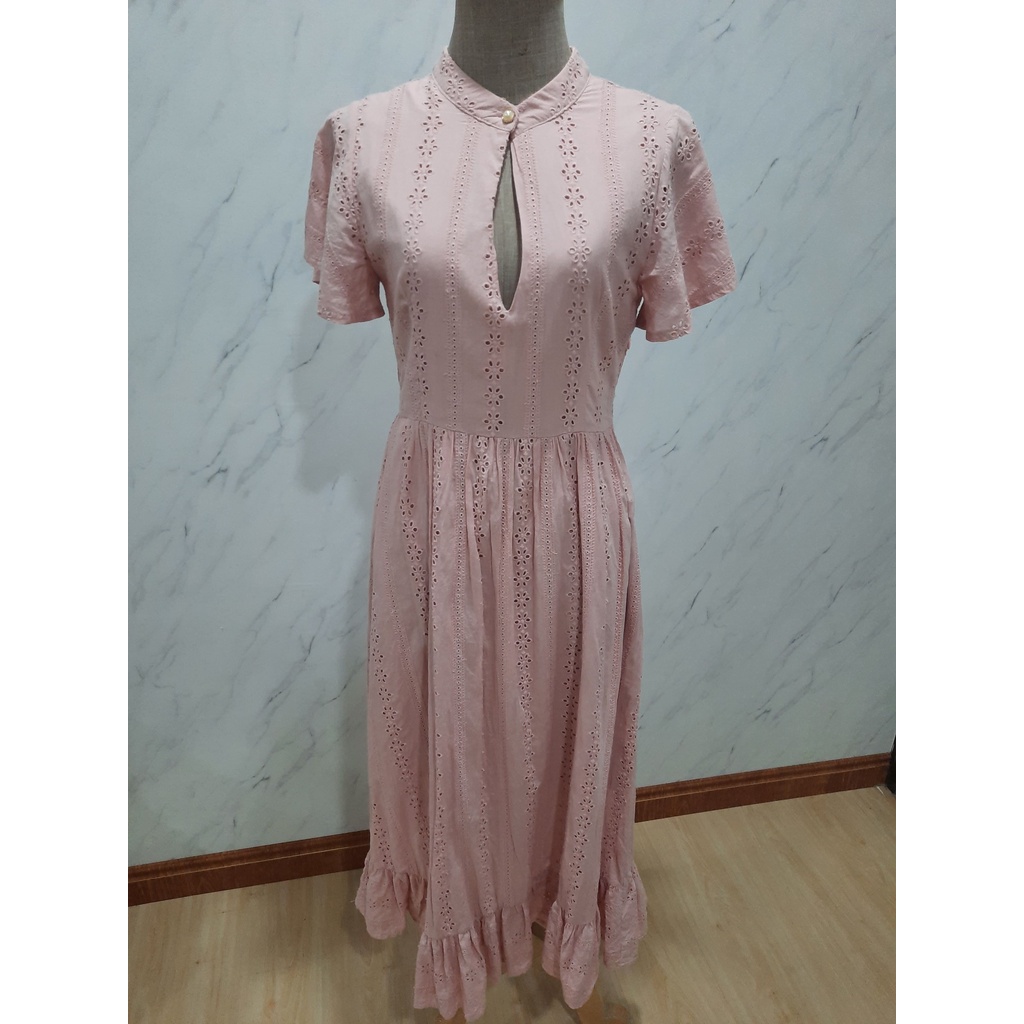 maxi dress เดรสยาวแขนสั้น ชมพู ลายฉลุ งานป้าย hiso hiso Size M มือสอง ...