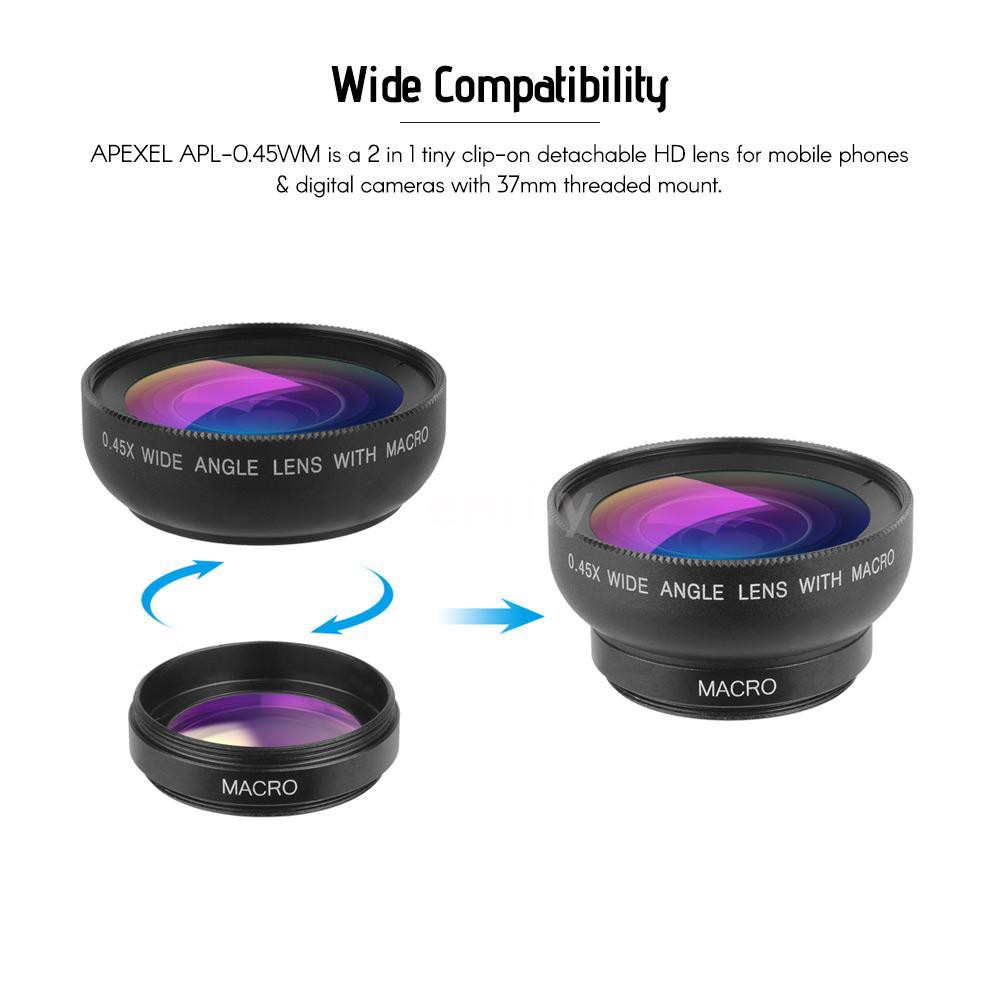 APEXEL APL-0.45WM Phone Lens Kit 0.45X Super Wide Angle & 12.5X Super Macro Lens HD Camera ...