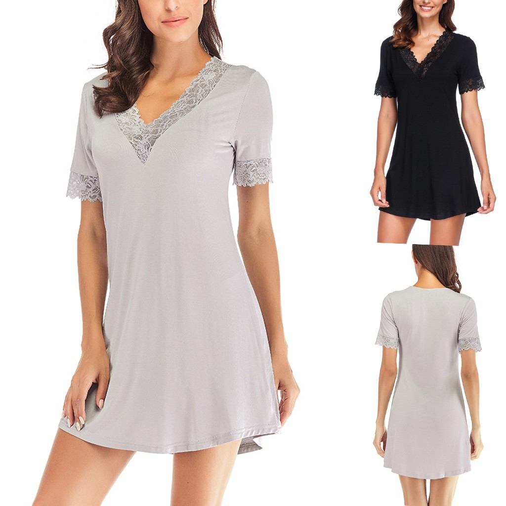 baybeey.Women Summer Solid Lace Splice Pajamas V-neck Short Sleeve ...