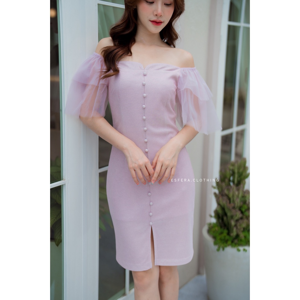 เดรสออกงาน เดรสออกงานแต่งกระดุมโทนสีชมพูกลีบบัว DR064-1 Glinty Buttons Dress - esferaclothing ...
