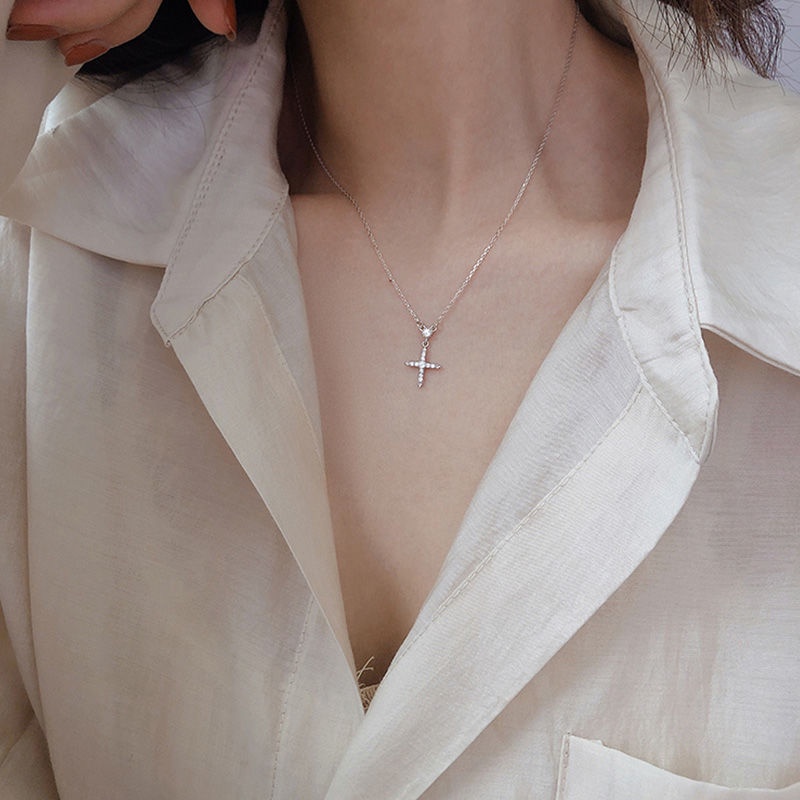 925 Sterling Silver Korean Flash Diamond Cross Necklace Necklace Female ...