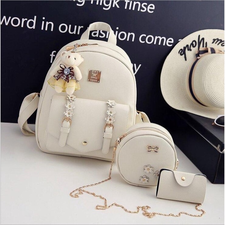 Girls PU Leather 3 Pieces Set Backpack Women Flower Backpack Student ...