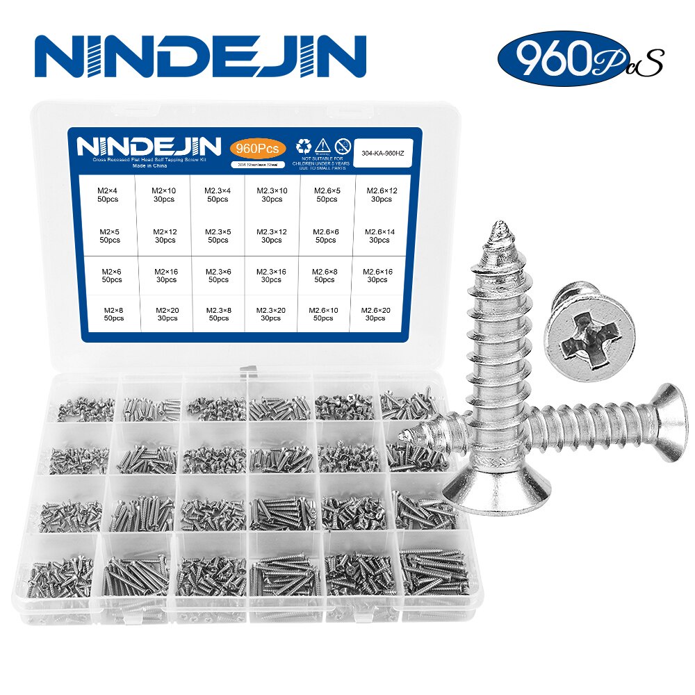 (Ready Stock) NINDEJIN 960pcs/set Cross Flat Head Micro Mini Screw Set 304 Stainless Steel M2 M2 ...