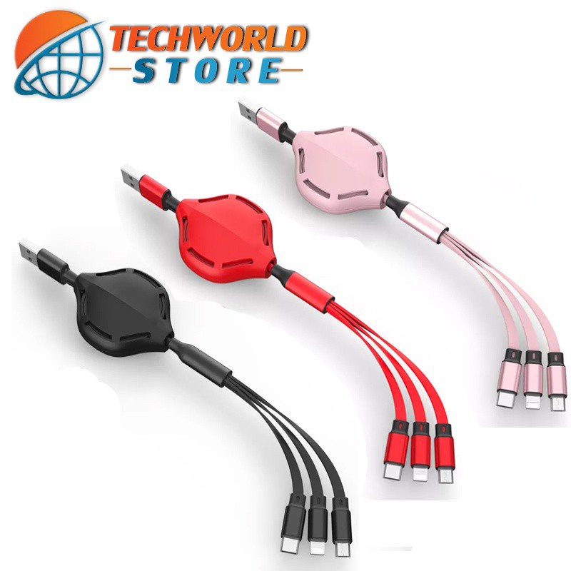 สายชาร์จ 3in1 USB Fast Charging Cable มาพร้อม MicroUSB/Lightning/USB-C สามาถยืดเก็บได้และเข้ากัน ...