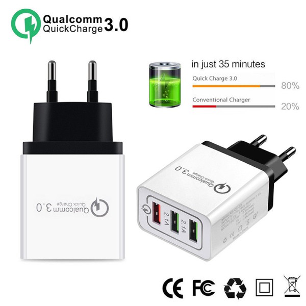 30W QC 3.0 Fast Quick Charger 3 Port USB Hub Wall Charger Adapter - blackhole0.th - ThaiPick