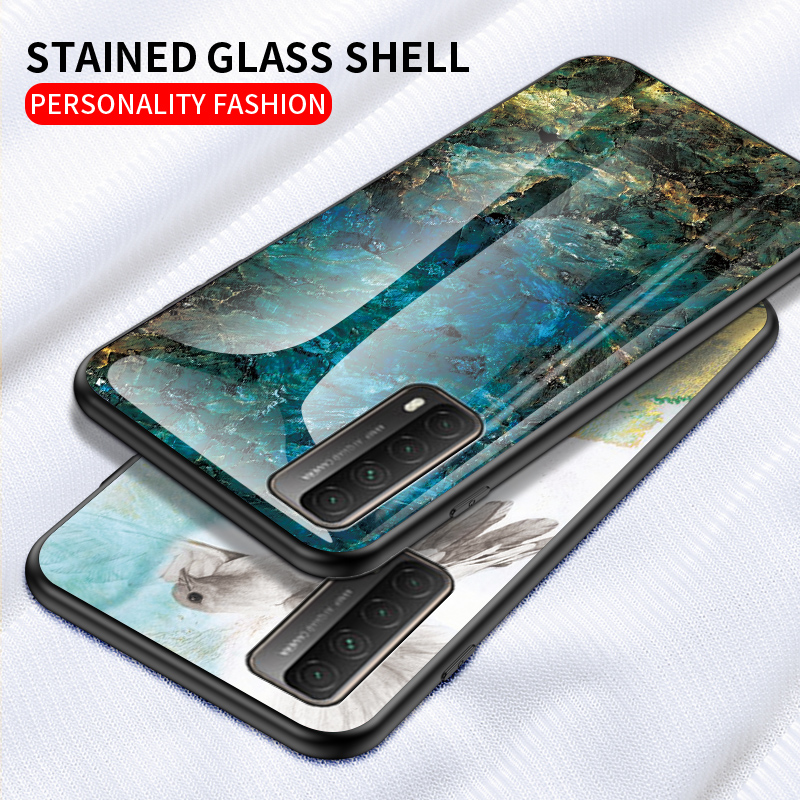 Huawei Y7a Fashion Marble Texture Tempered Glass Protective cover Hard ...