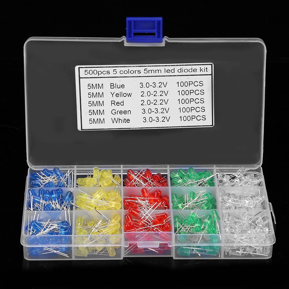 500pcs 5mm LED Light Red Yellow Blue Green White Assortment Diodes Kit ...