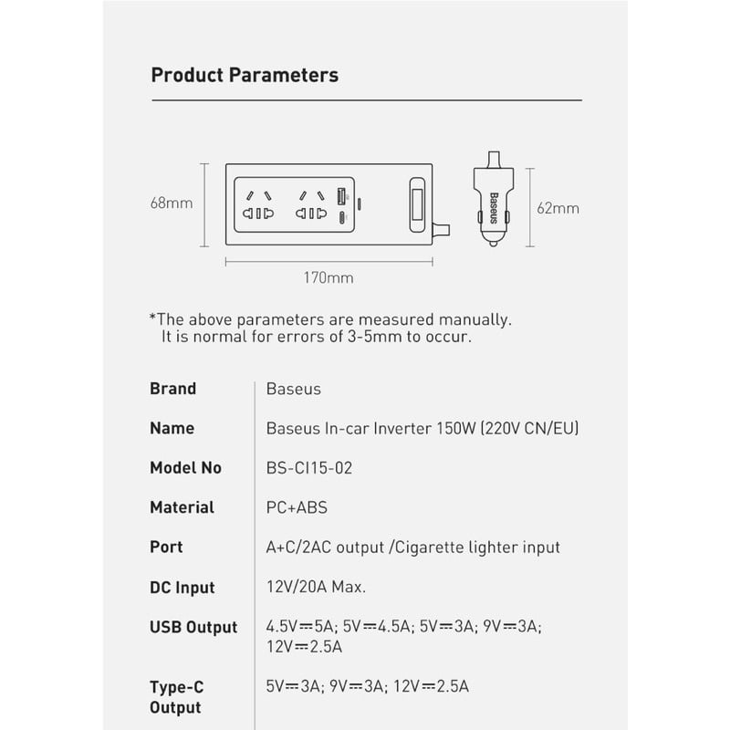 Baseus 150W Car Power Inverter DC 12V to AC 110V กับ 12V to AC 220V ...