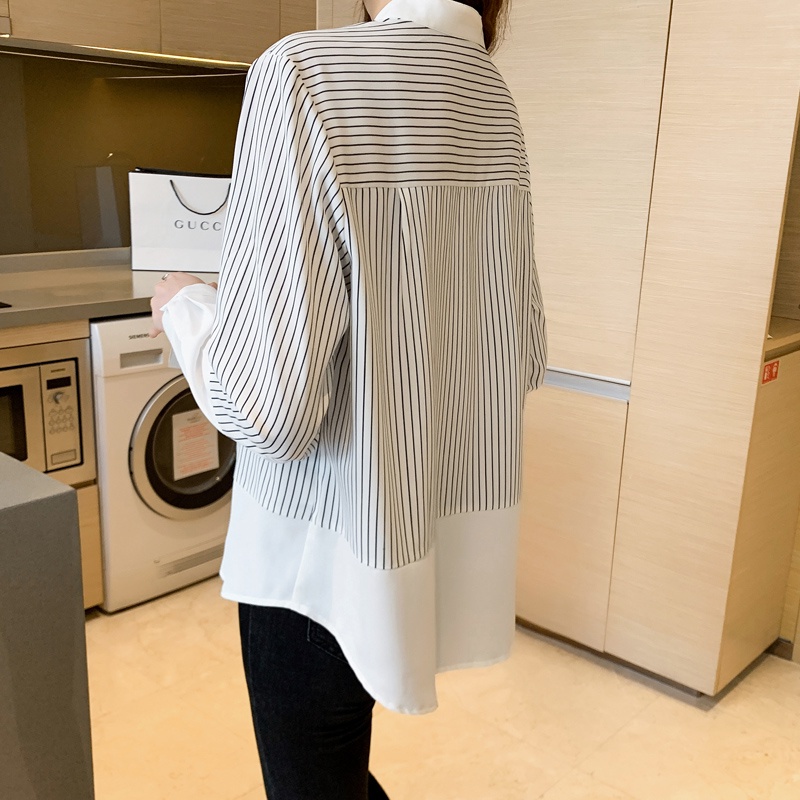 Korean Style Temperament Stand Collar Stripe Shirt Women Autumn Long Sleeve Casual Chiffon ...