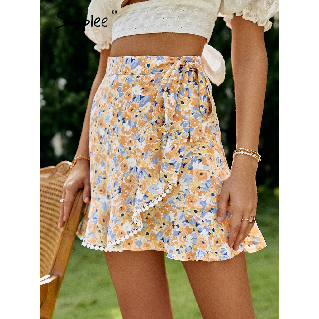 Simplee Holiday floral ruffle lace up women skirts summer Boho ...