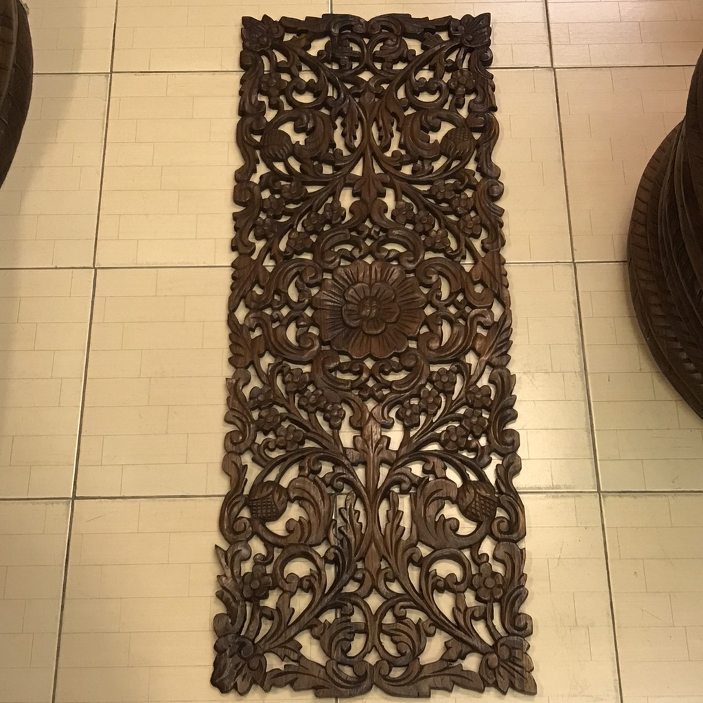 ( แบบที่ 3 ) แผ่นไม้สัก ไม้สักแกะสลัก ลายดอกไม้ ขนาด 35x90 cm. แผ่นไม้ฉลุ ไม้สักฉลุ ไม้แกะสลัก ...