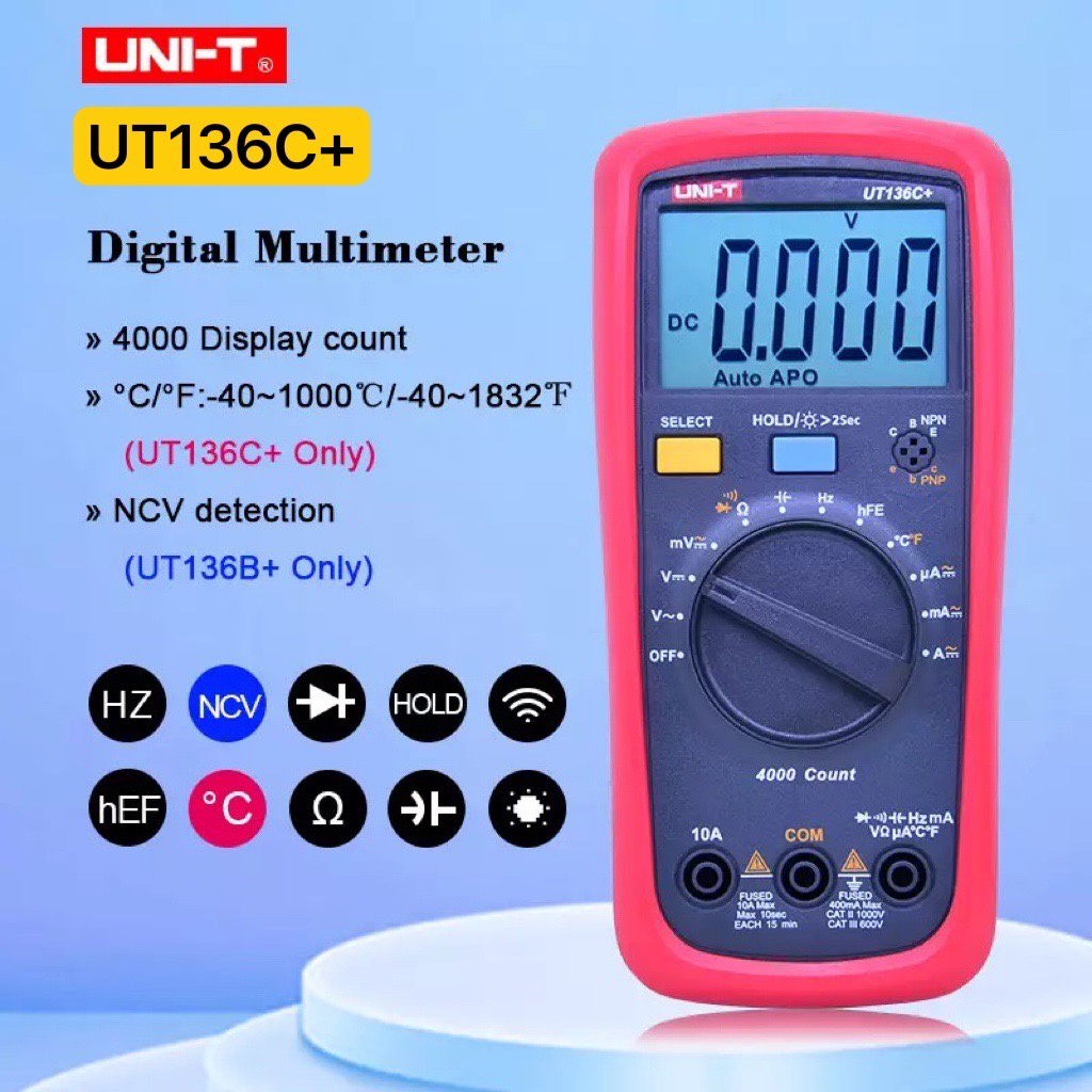UNI-T Digital Multimeter UT136C+ AC DC Voltage Current Ohm Diode Cap Hz ...