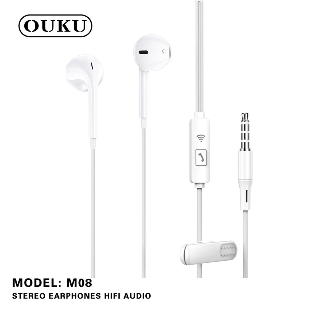 OUKU M08 หูฟัง แจ๊ค3.5มม. หุฟัง earphone มี ขาว ดำ หูฟังมีสาย หูฟัง มีปุ่มรับสาย ใช้ได้กับทุก ...