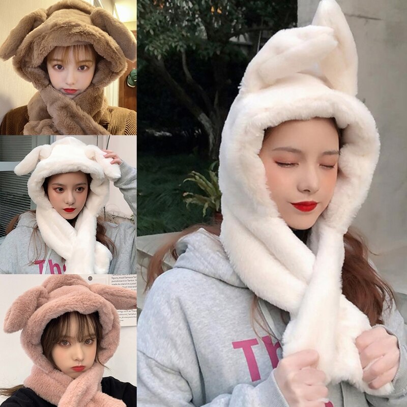 Bunny Fluffy Plush Earflap Hat with Moving Rabbit Ears Warm Beanie Cap ...