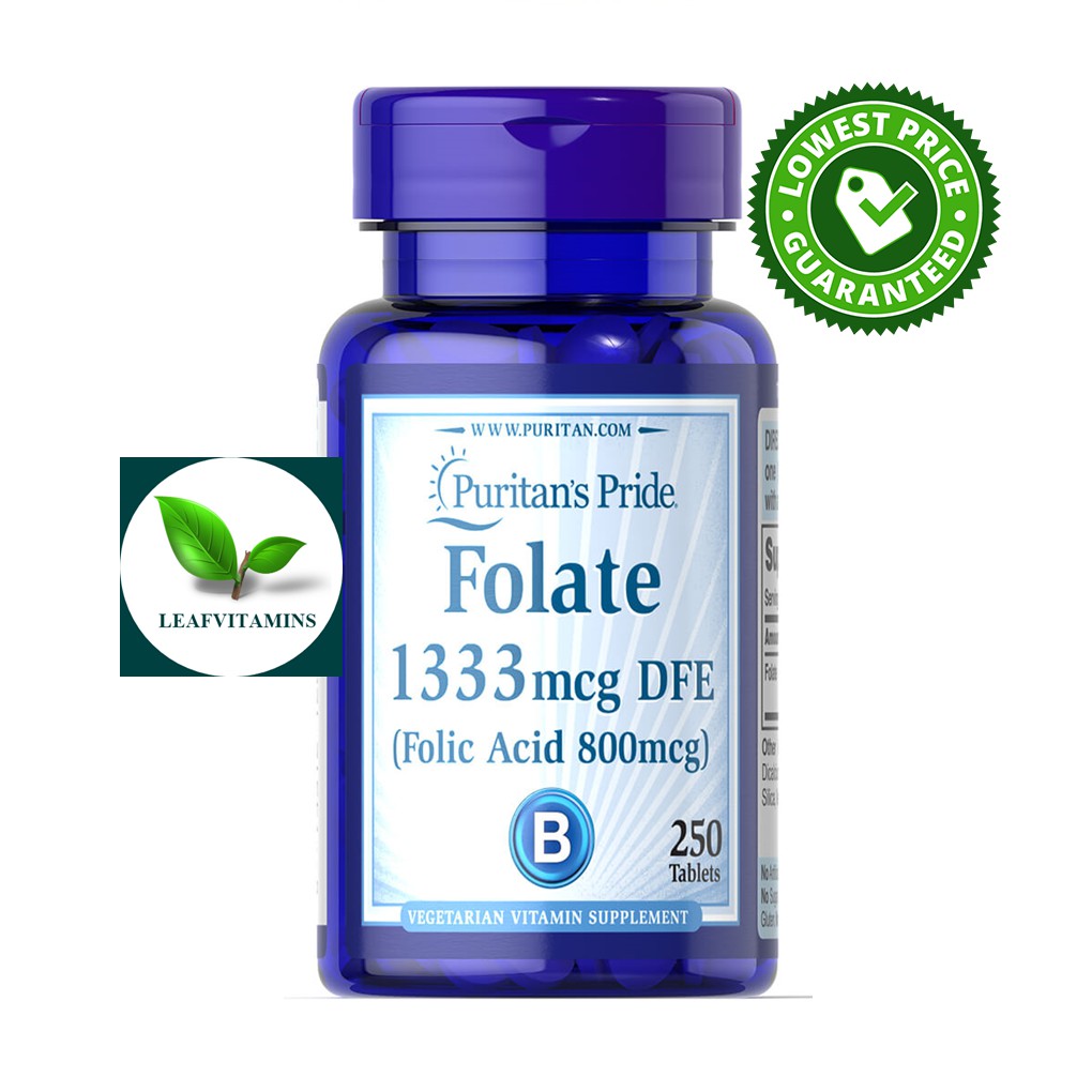 Puritan's Pride Folate 1333 mcg DFE ( Folic Acid 800 mcg) / 250 Tablets ...