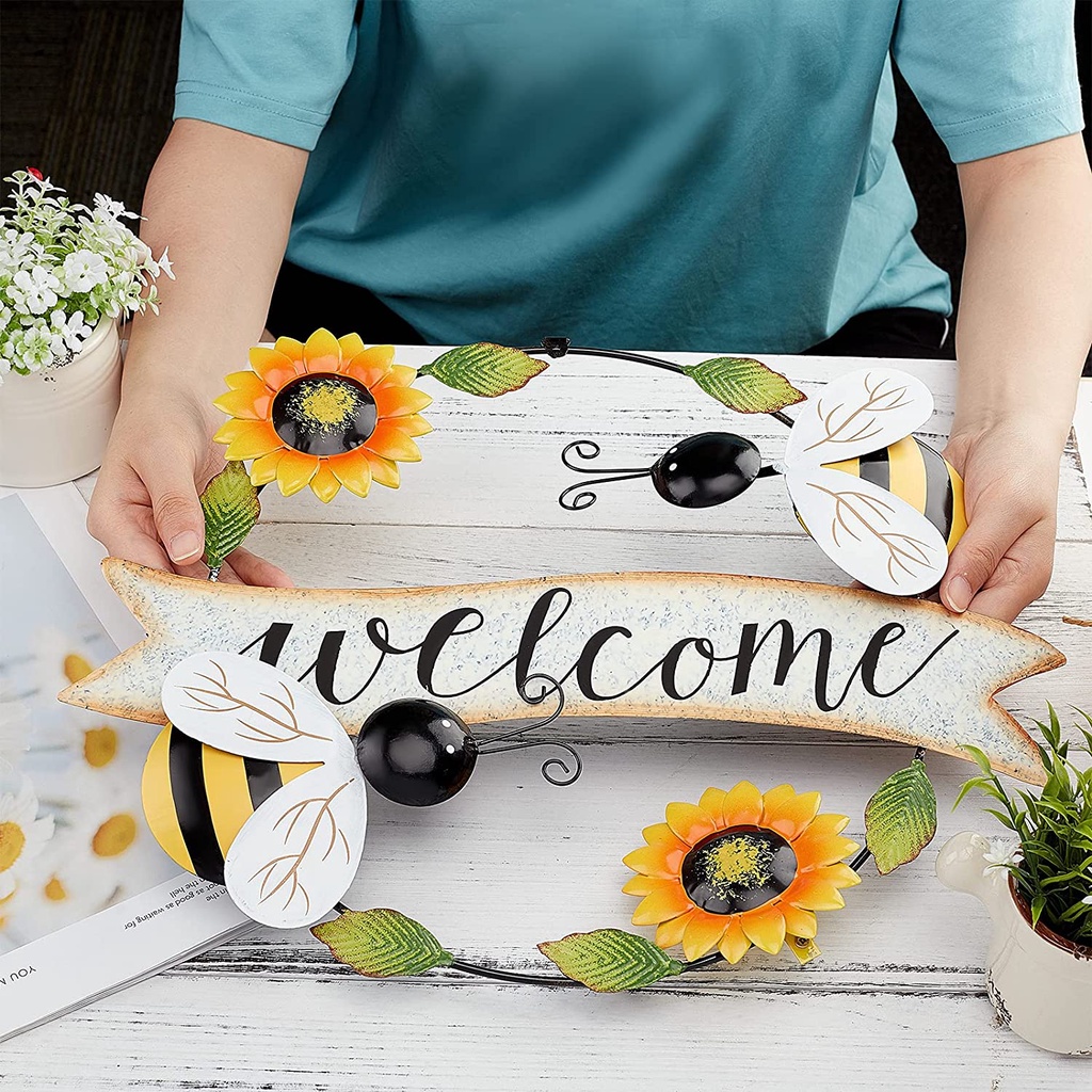 Beebeecraft Handcrafts Vintage Metal Bee and Sunflower Welcome Sign ...