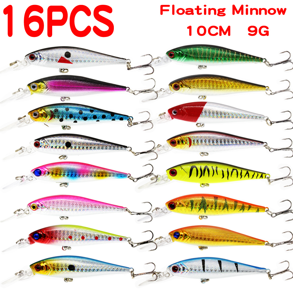 16pcs set Floating Minnow Fishing Lure Hard Artificial Crank Baits 3D Eyes 10cm 9.5g Wobblers ...