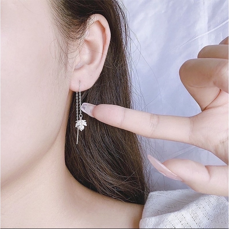 LLRB ต่างหูเงิน 925 โซ่ยาว แบบระย้า mamle leaf Silver925 - lillyrubystuff - ThaiPick