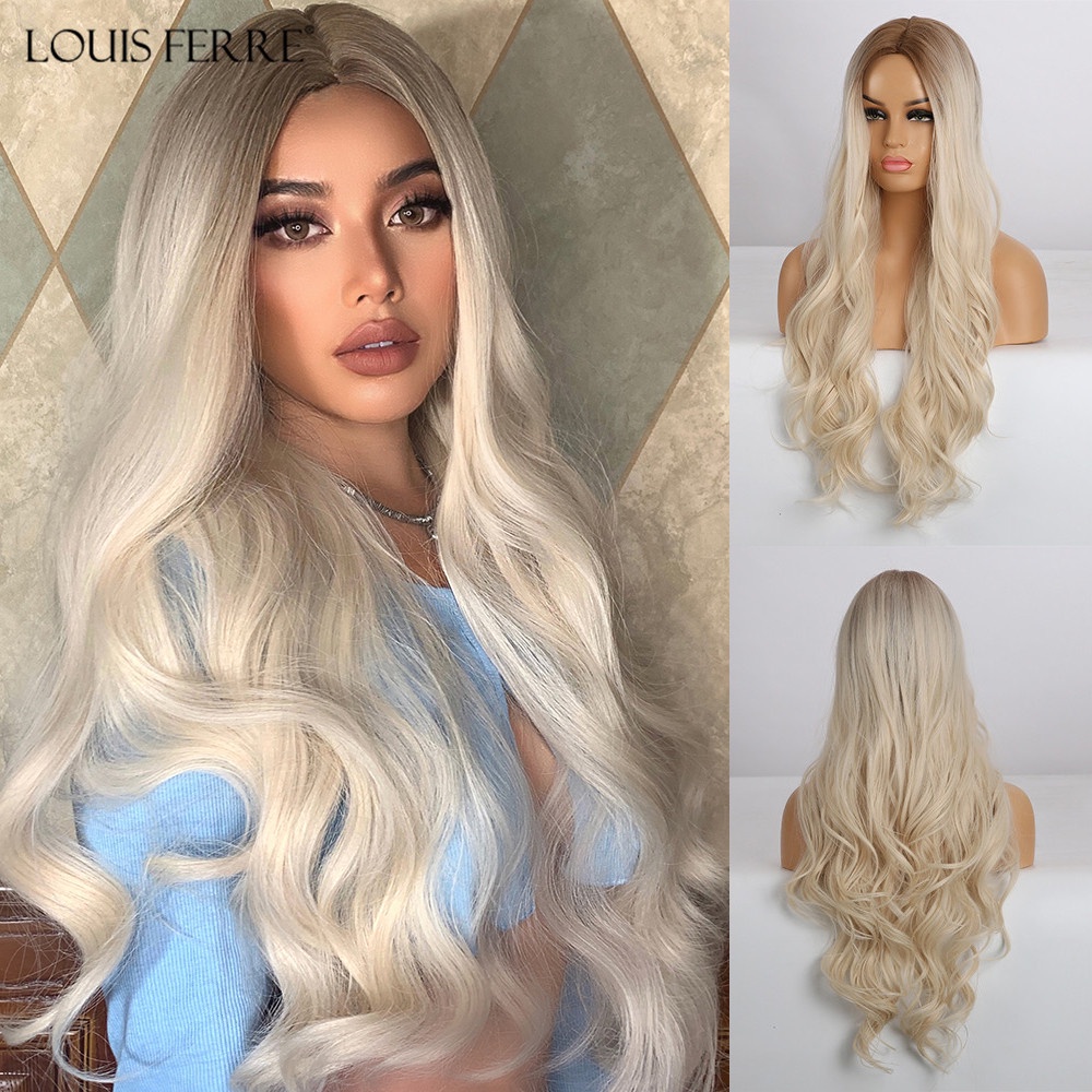 NewLOUIS FERRE Long Ombre Brown Light Blonde Synthetic Wigs Middle Part ...