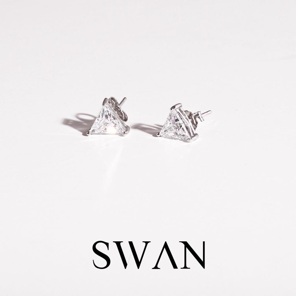 SWAN - Triangle Earring (77) ต่างหูติดหูเงินแท้ ฝังเพชรคิวบิกเซอร์โค ...