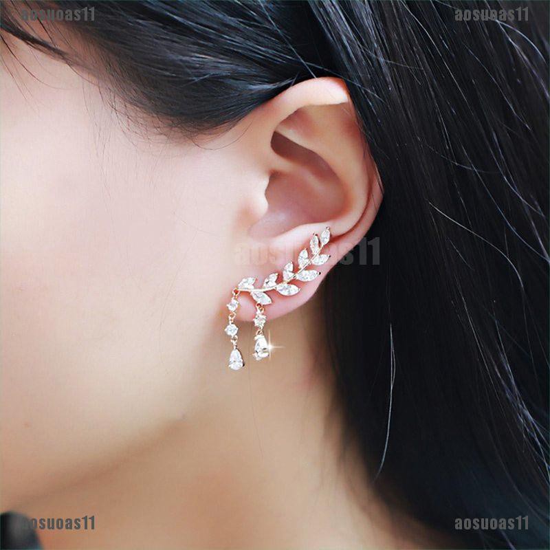 【aosu•OAS】Fashion Women Gold Silver Crystal Zircon Leaves Tassel Ear ...