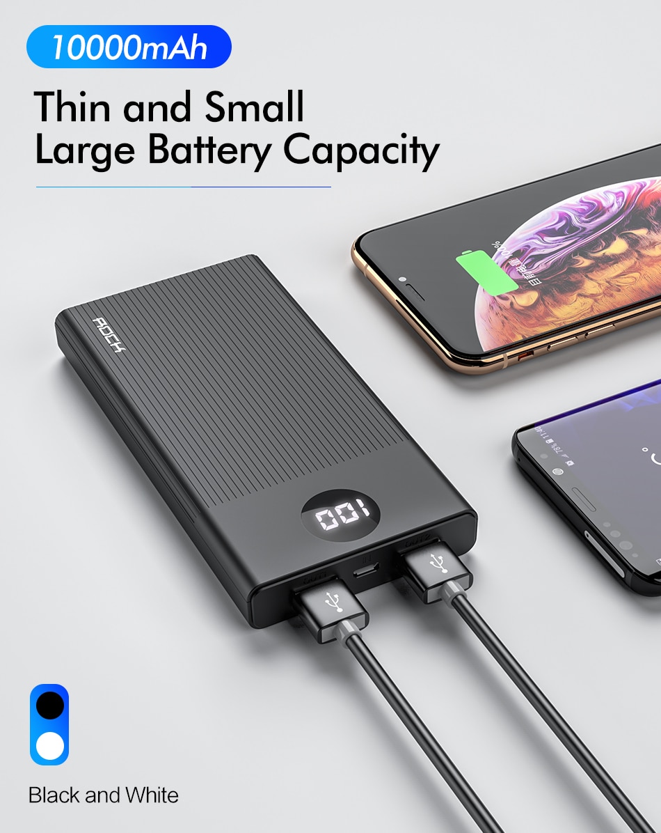 Original ROCK 10000mAh Power Bank Led Display Portable External Battery ...