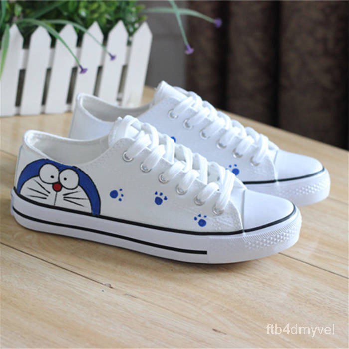 Mens shoes Low-cut Doraemon Lace-up Doraemon Hand-painted Canvas Shoes ...