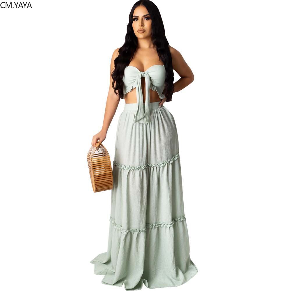CM.YAYA Women Solid Beach Bohemian Maxi dress Bow Strapless Crop Top ...