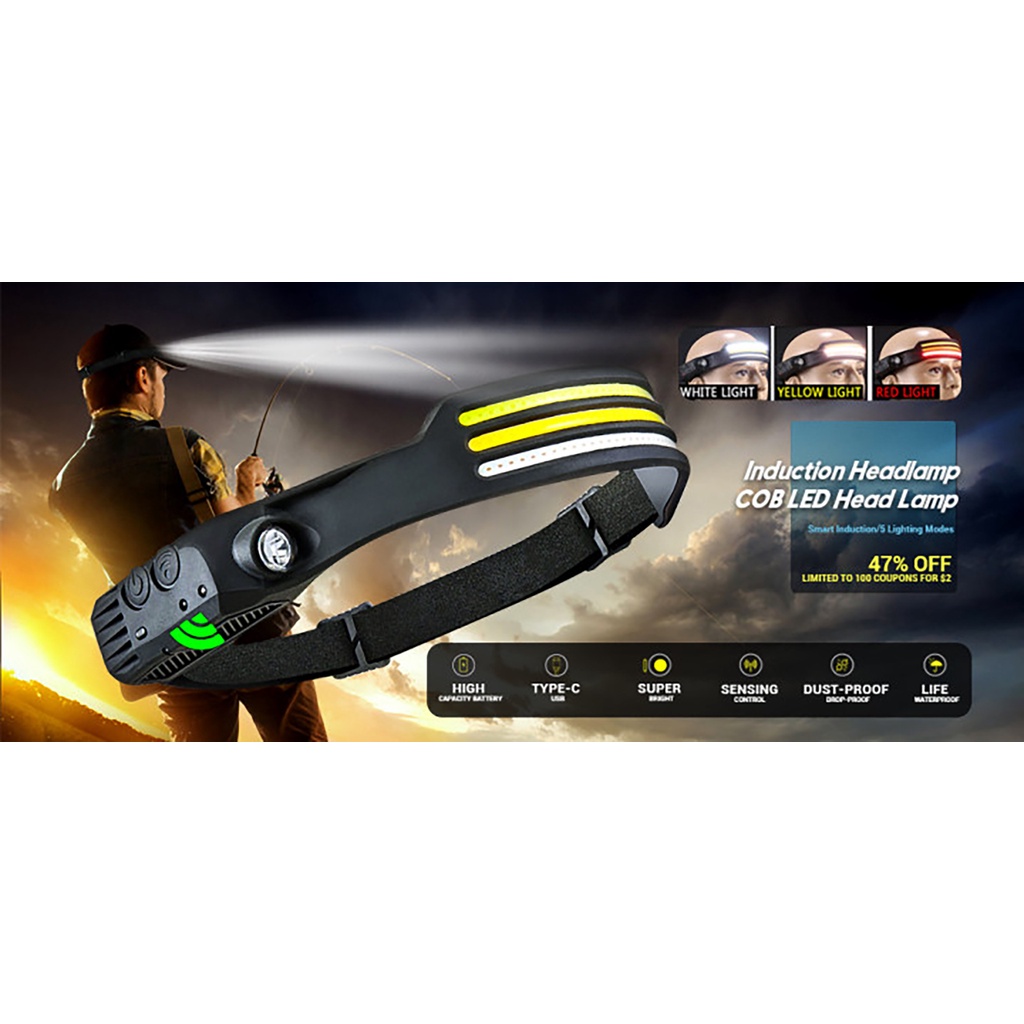 ไฟฉายLX200 350LM COB LED Induction Riding Headlamp 1200mAh Type C USB ...