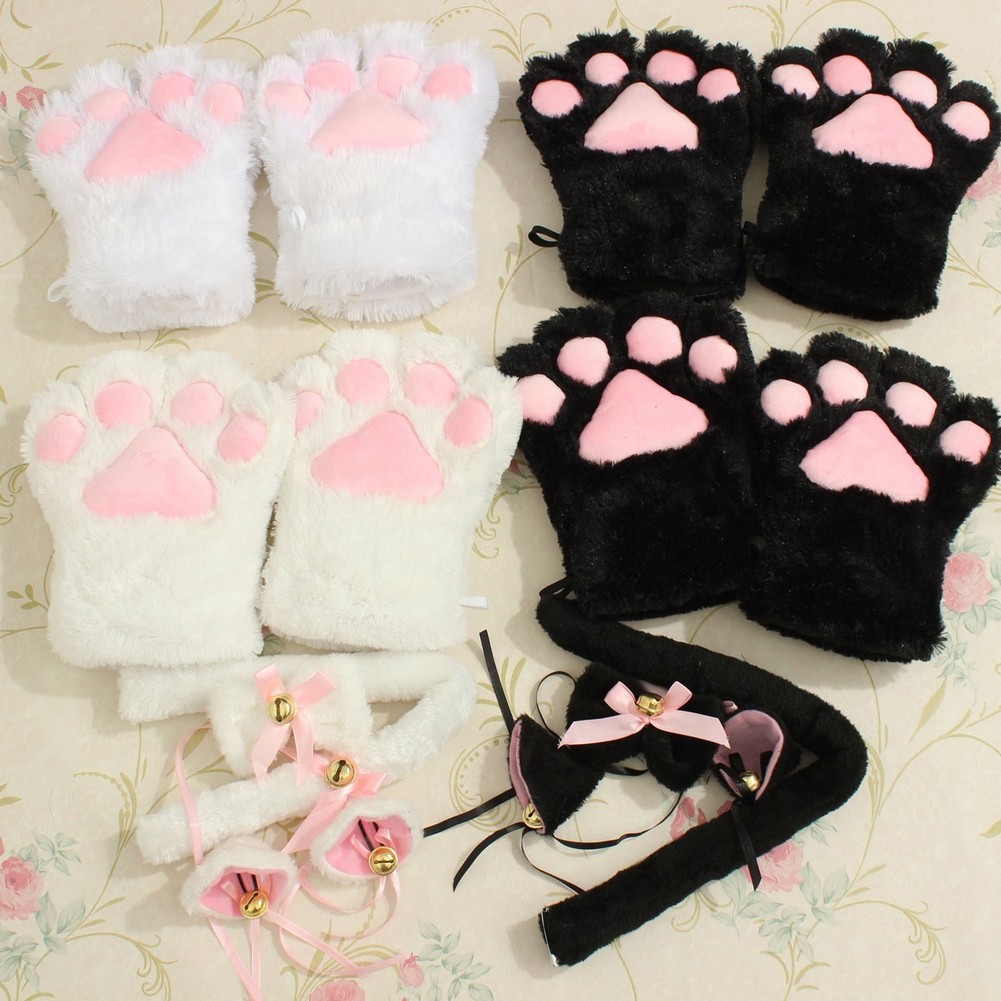 Cat Cosplay Set Paw Claw Gloves Ear Hairclip Tail Bow Tie Anime Costume ...