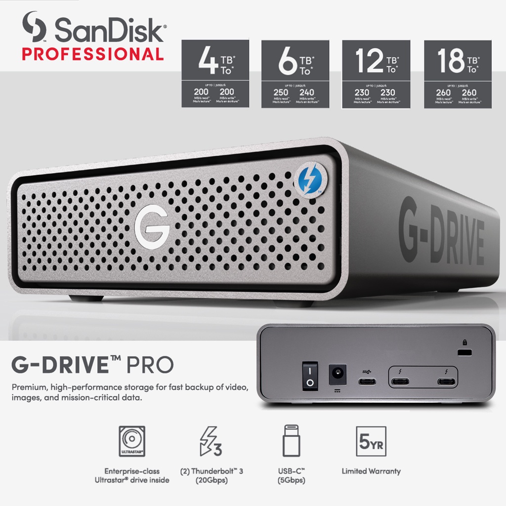 SanDisk Professional G-DRIVE PRO 4TB ,6TB, 12TB ,18TB ,Thunderbolt 3 (20Gbps), USB-C (5Gbps ...