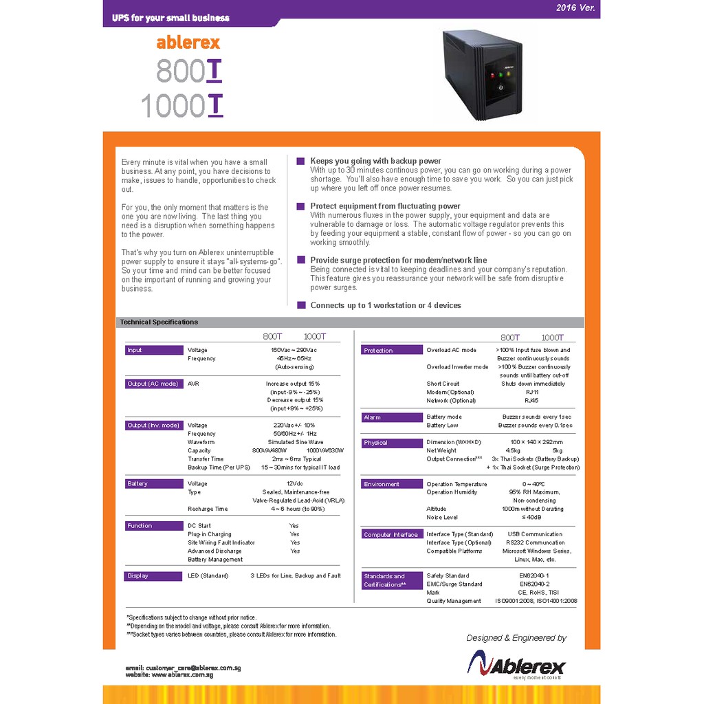 ABLEREX-800LSX 800VA 480Watts,คอมPC,กล้องวงจรปิด,เครื่องมือแพทย์ - atech289 - ThaiPick