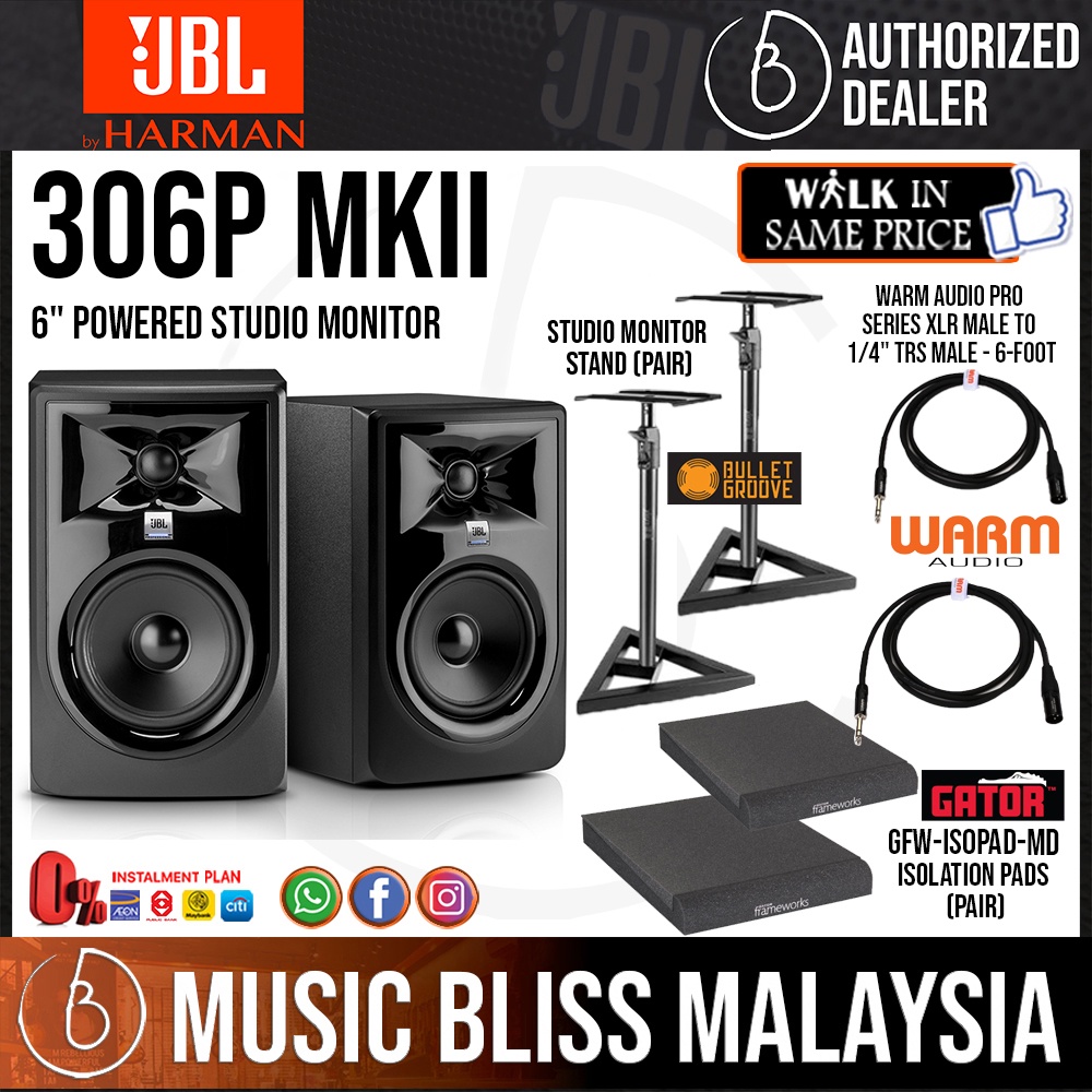 JBL 306P MKII 6" 2-Way Powered Studio Monitor with Studio Monitor Stands, Gator Isolation Pads ...